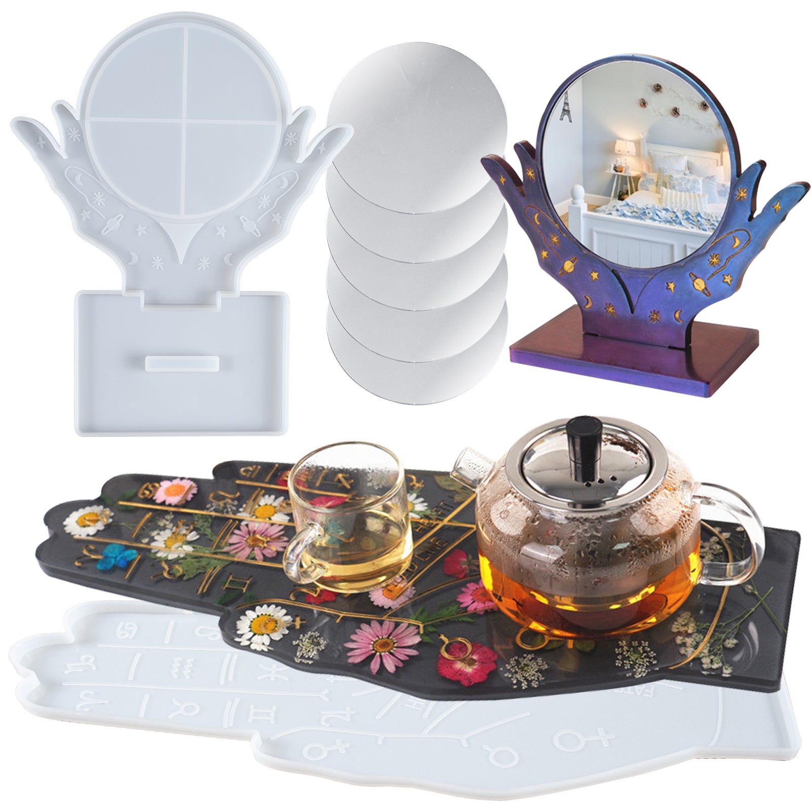 Palmistry Hand Tray and Magick Witch Mirror with Holder Epoxy Resin Si ...